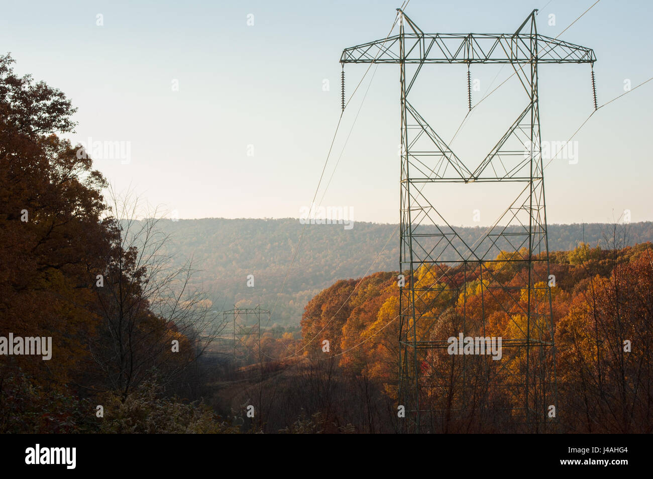 Power Transmission Lines with Colorful Fall Leaves Stock Photo - Alamy