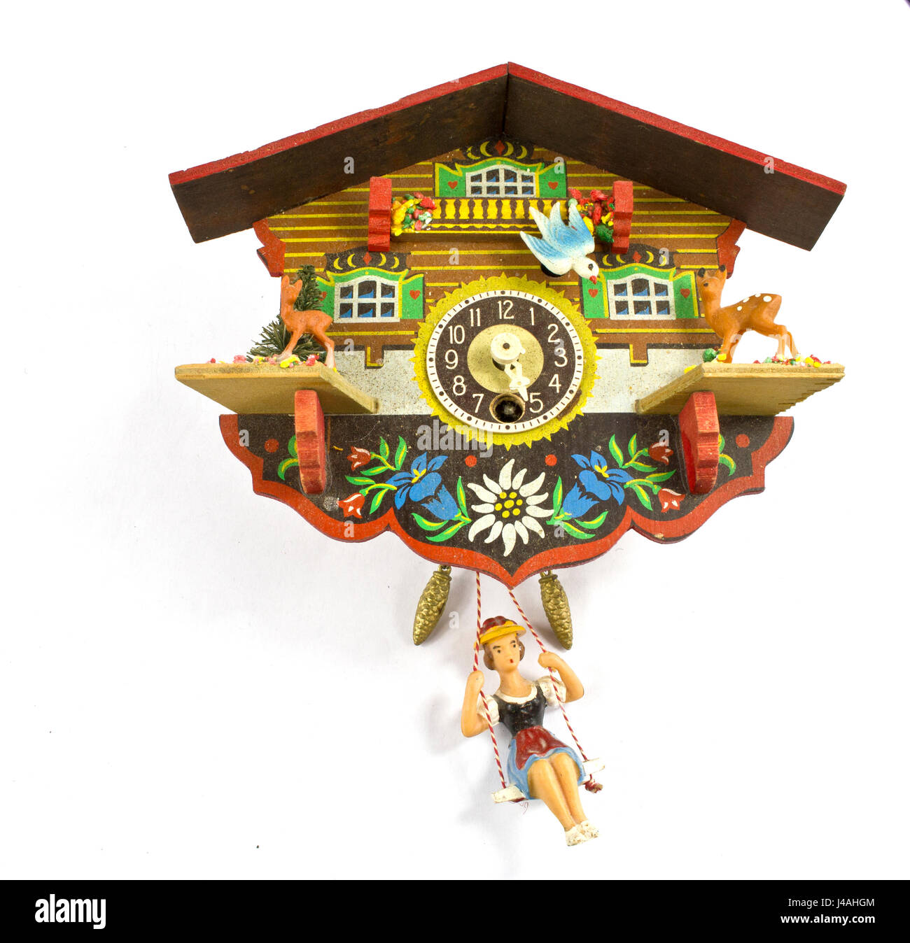 Antique Wooden Cuckoo Clock With Lady on Swing on White Background ...