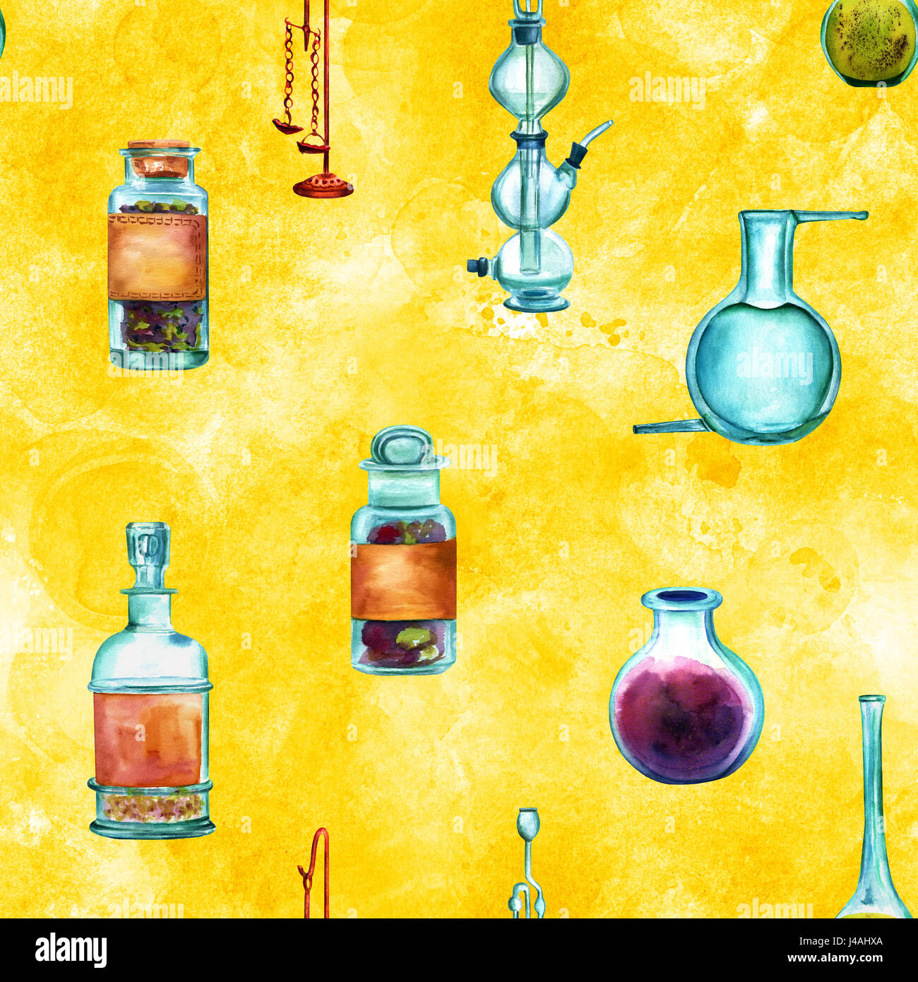 Vintage Science watercolor seamless pattern on golden yellow Stock ...
