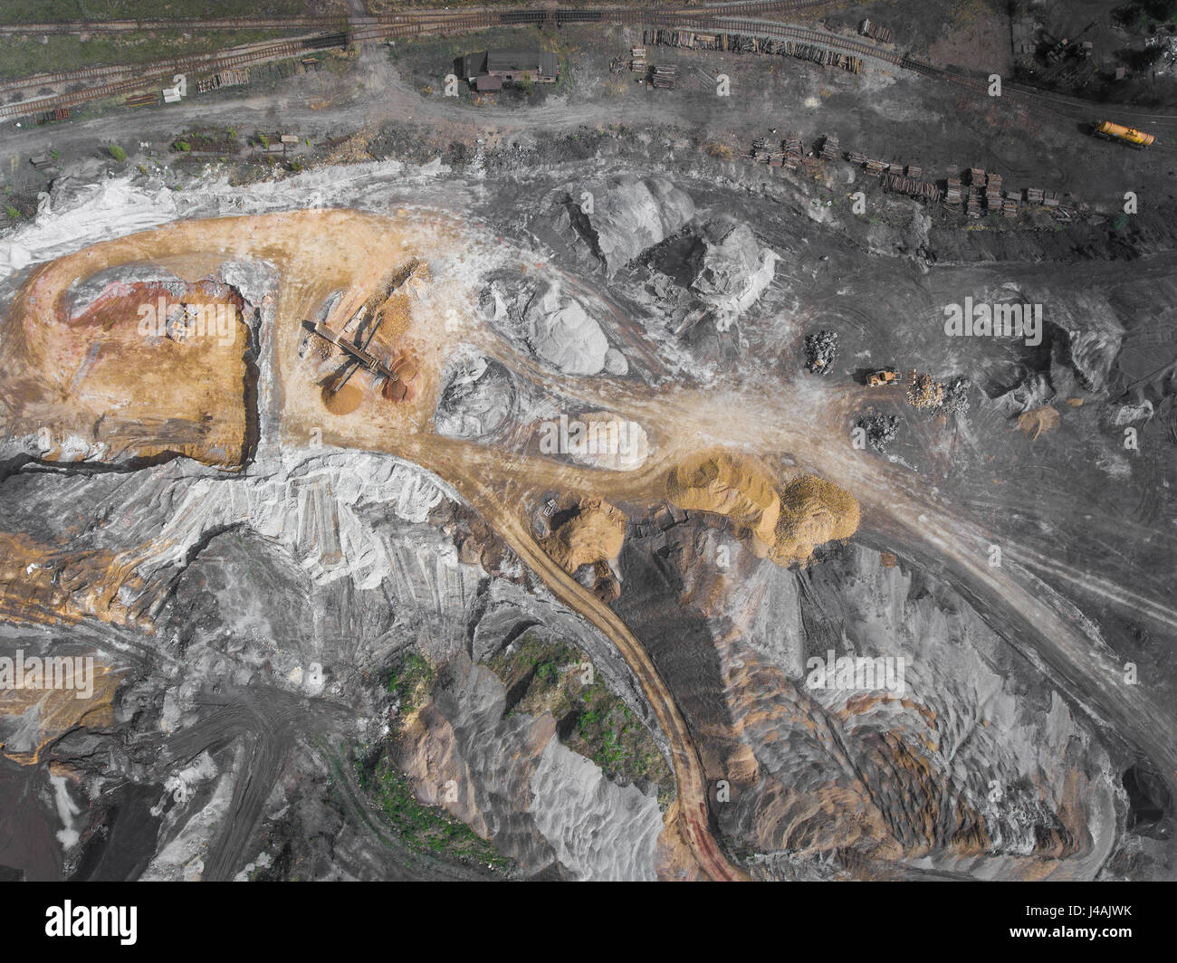 Aerial view over the building materials processing factory. Sand mine ...