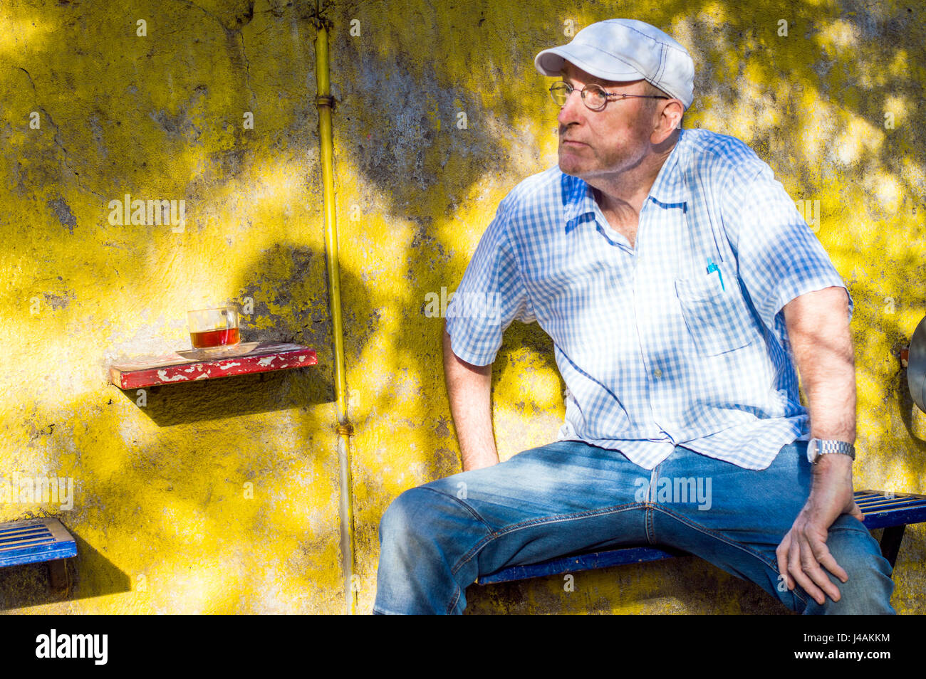 Enjoying a cup of tea, exterior coffee shop, Piazza, Addis Ababa ...
