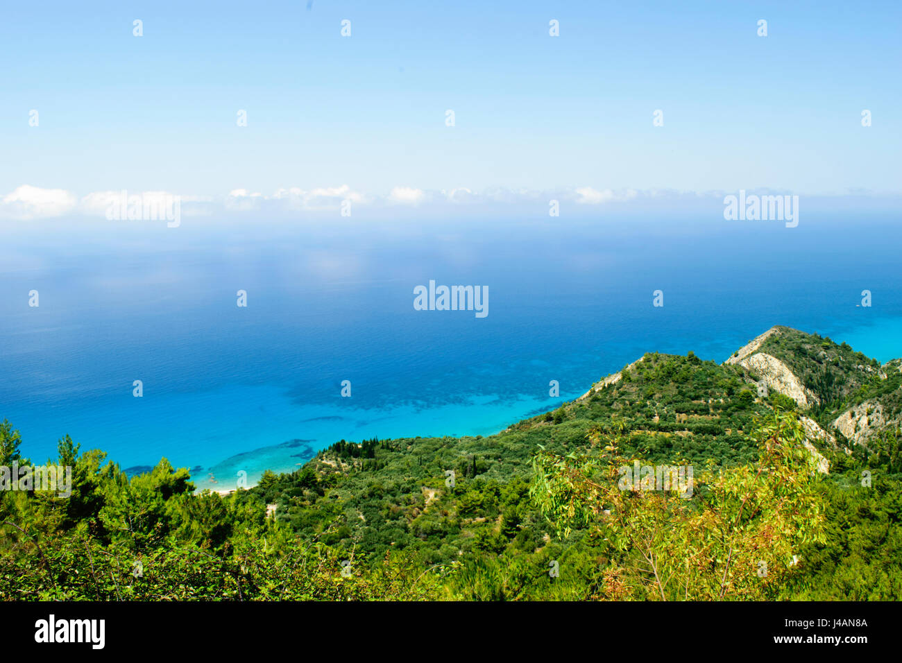 Beautiful coastline at Lefkada island in Greece. Top view, general plan ...