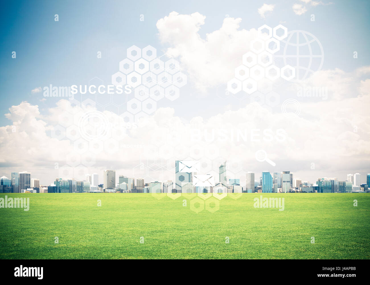 Natural background with modern cityscape green field and media i Stock ...