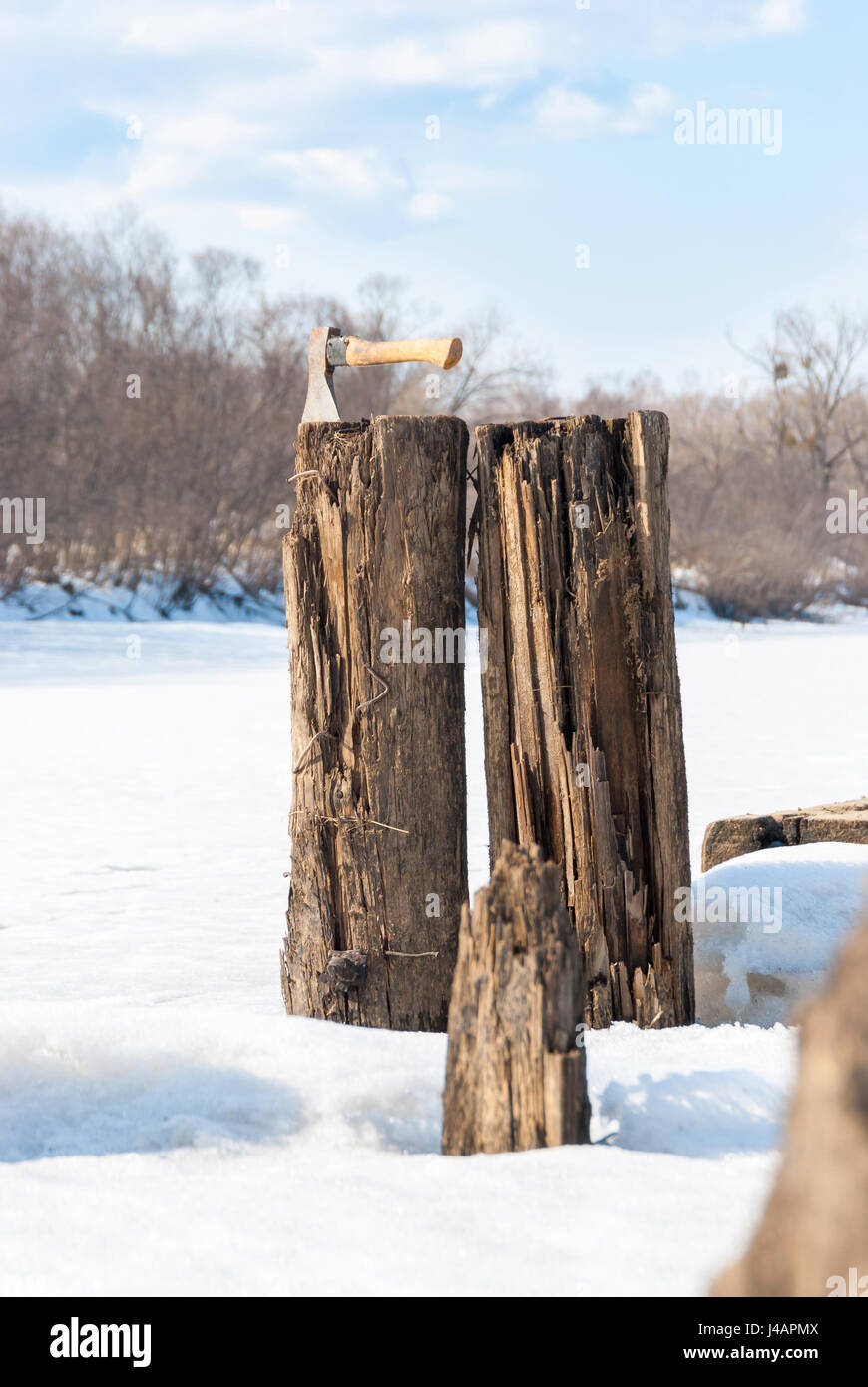 Old rotten wooden supports of the bridge Stock Photo - Alamy