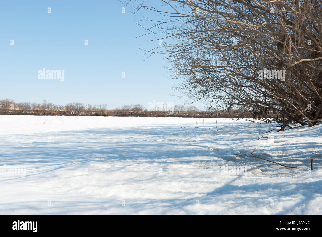 Winter landscape with frozen river Stock Photo - Alamy