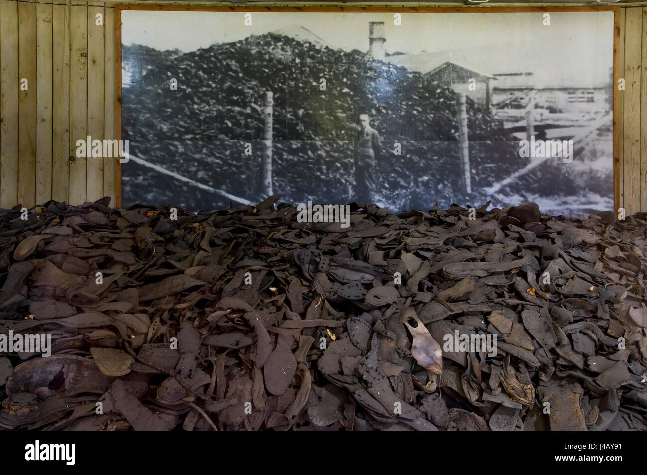 Pile of shoes in one of barracks in Nazi German concentration camp KL ...