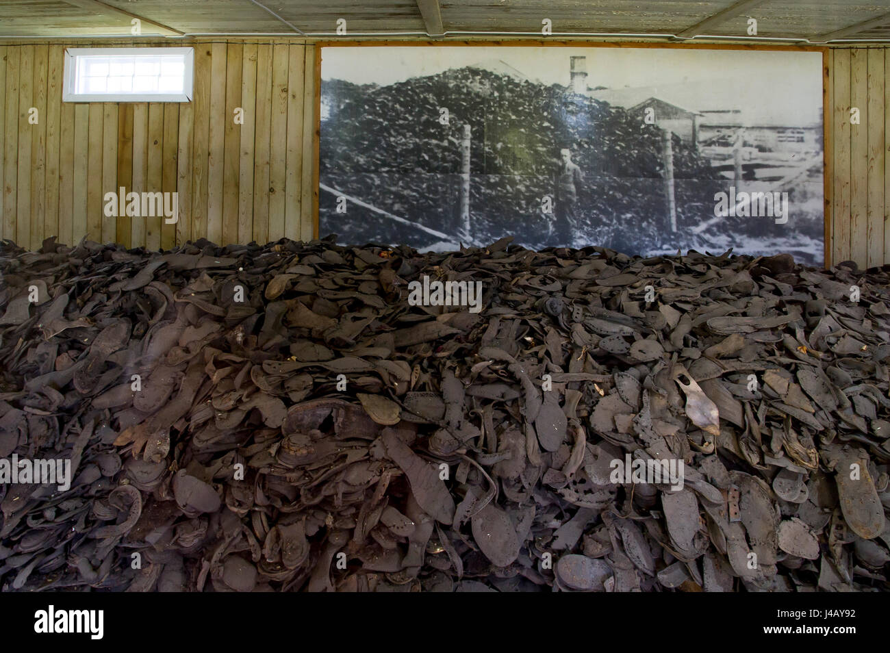 Pile of shoes in one of barracks in Nazi German concentration camp KL ...