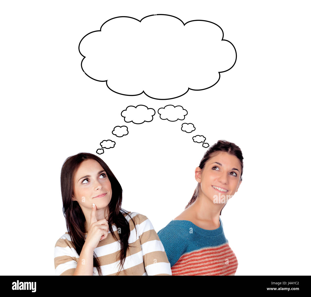 Two young woman thinking about the same idea isolated on a white ...