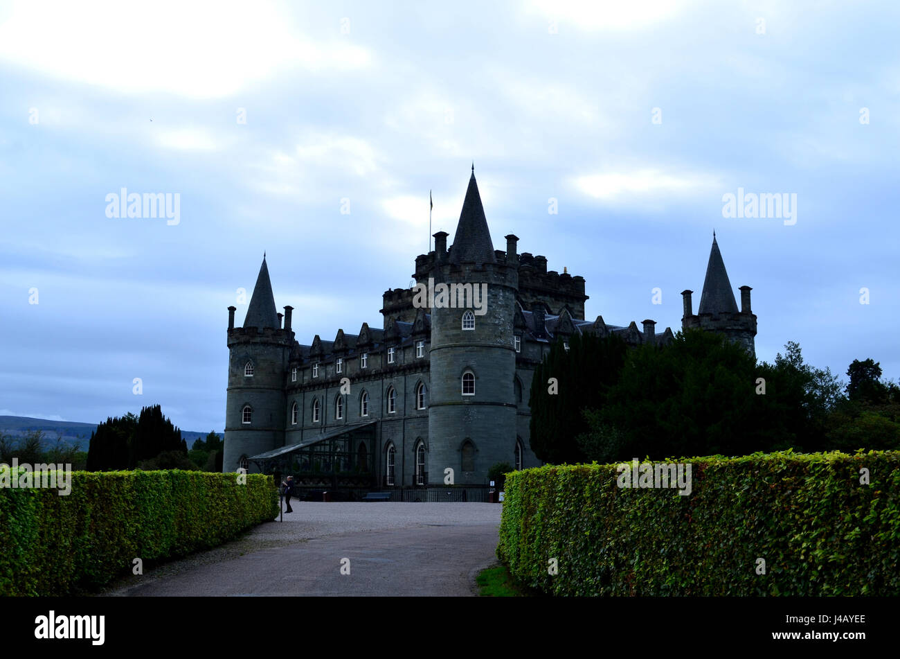 Beautiful Inveraray Castle with round turrets and towers Stock Photo ...