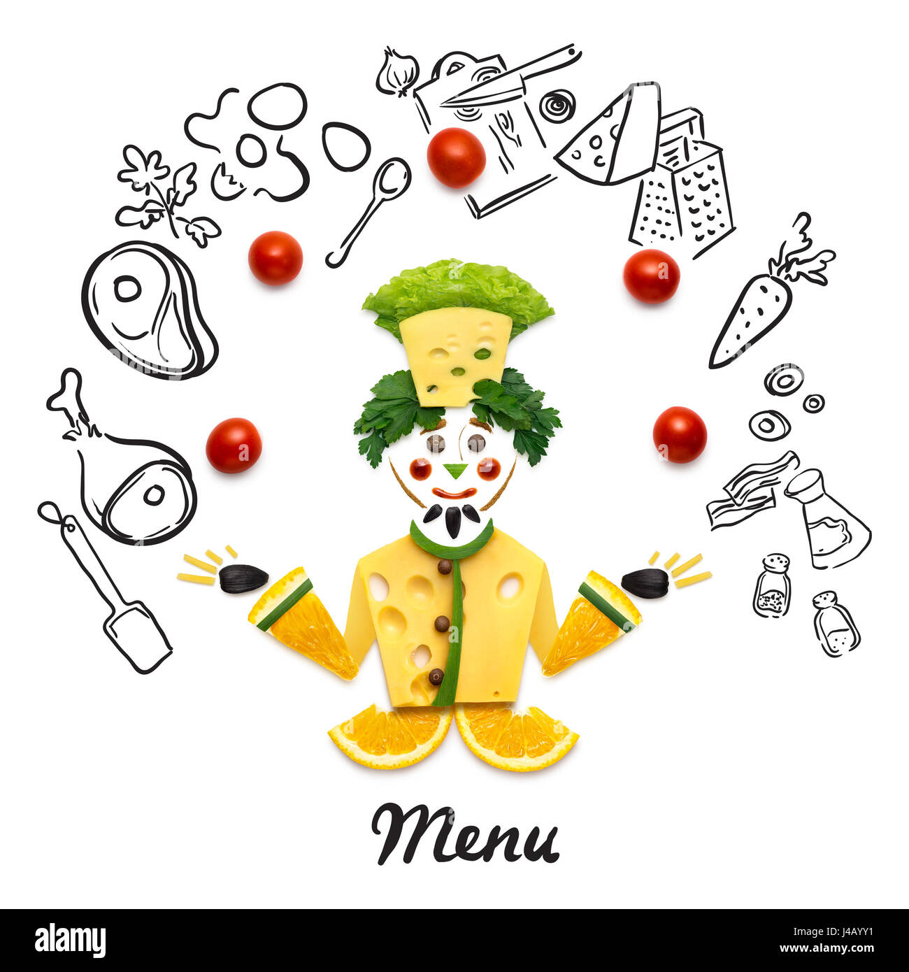 Creative food concept photo of a funny cartoon chef made of vegetables ...