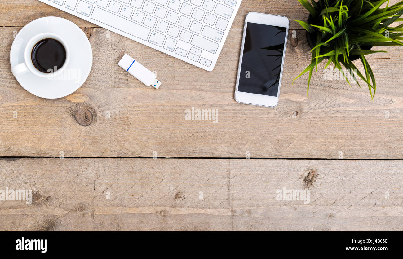 top view office desk smartphone header Stock Photo - Alamy