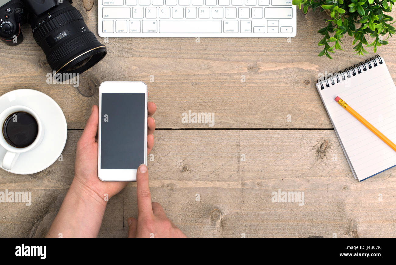 top view office desk hero header Stock Photo - Alamy