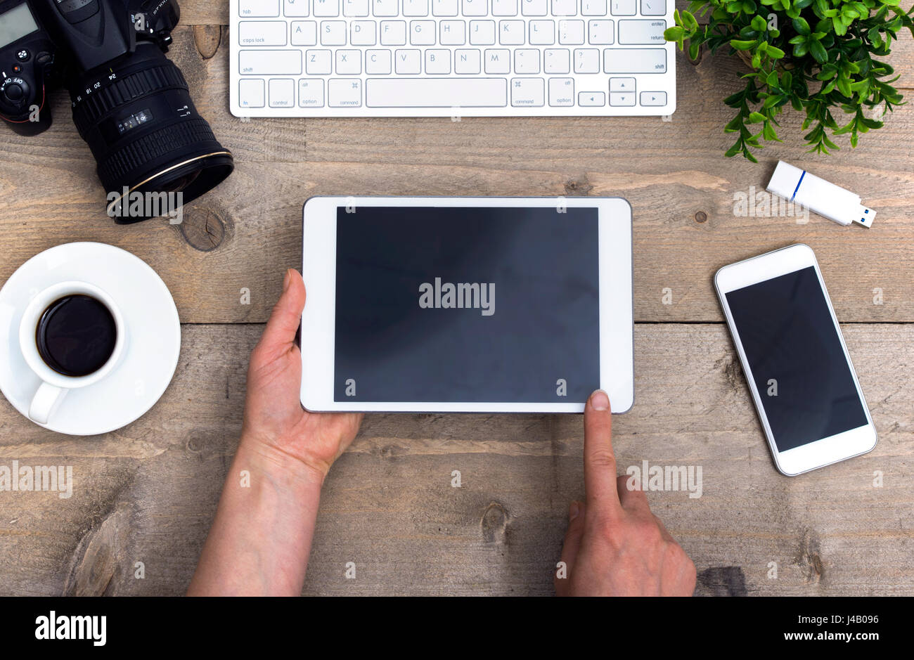 top view office desk hero header Stock Photo - Alamy