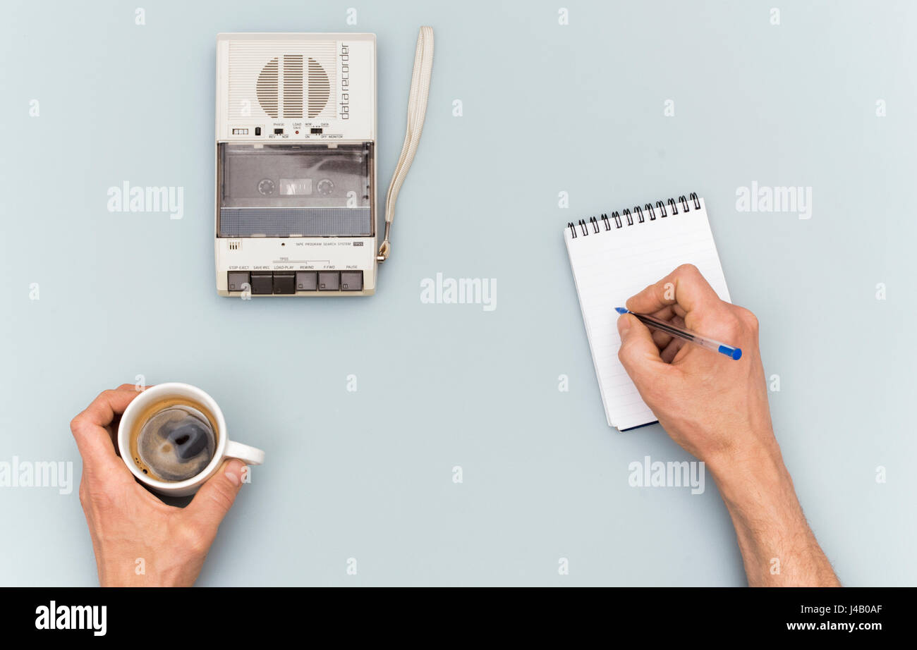 reporter or interrogation table with tape recorder Stock Photo - Alamy