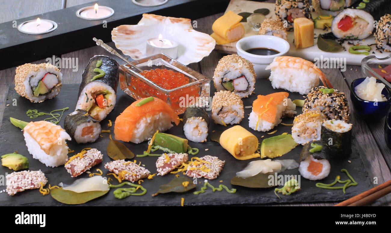 An assortment of Japanese food: sushi, nigiri, sashimi, rolls Stock ...