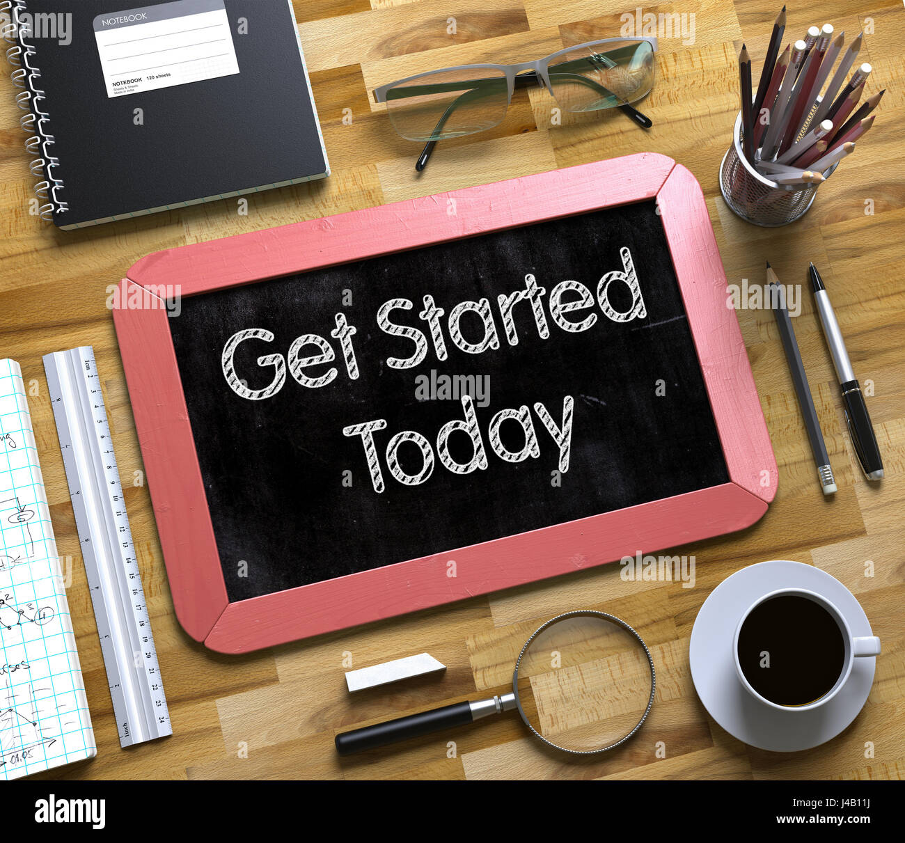 Small Chalkboard with Get Started Today. 3D Stock Photo - Alamy