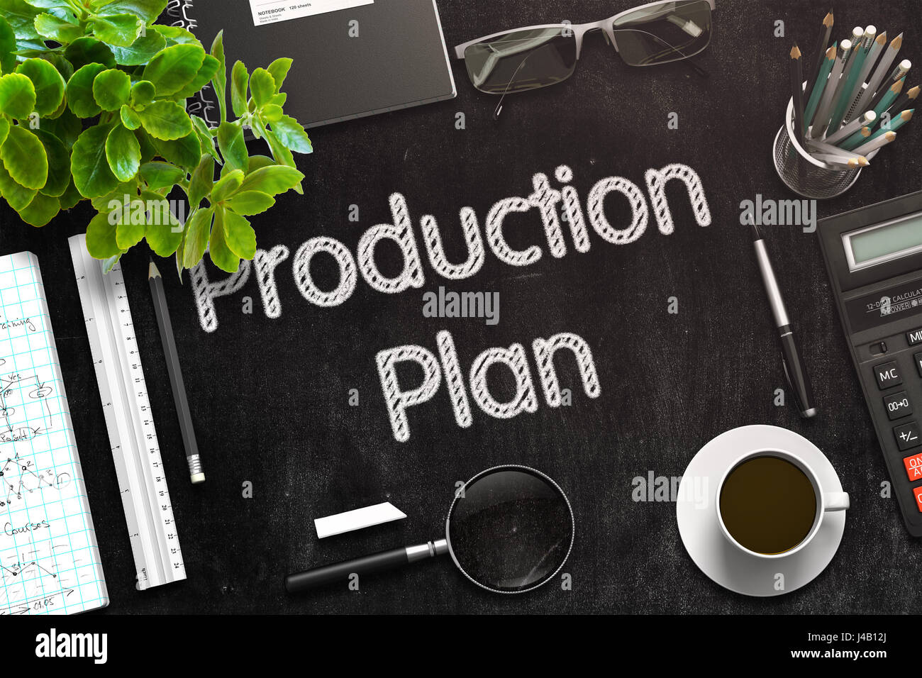 Black Chalkboard with Production Plan Concept. 3D Rendering Stock Photo ...