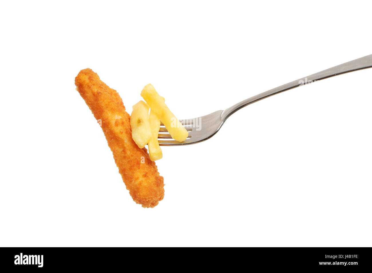 Whole fish finger with French fries on a fork isolated against white ...