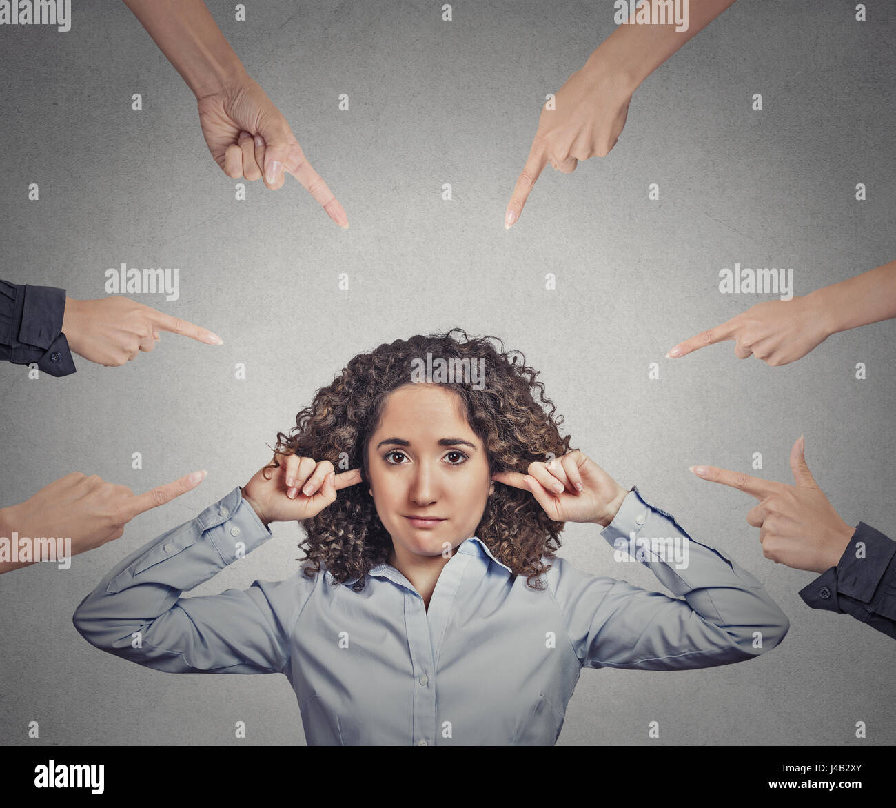 Concept of accusation of guilty businesswoman. Portrait unhappy sad ...