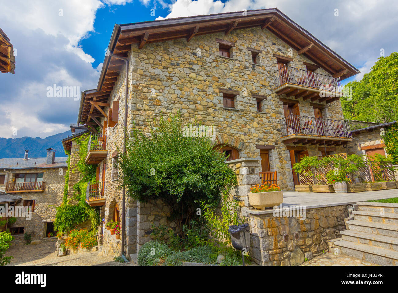 Ainsa medieval village of the Pyrenees with beautiful stone houses ...