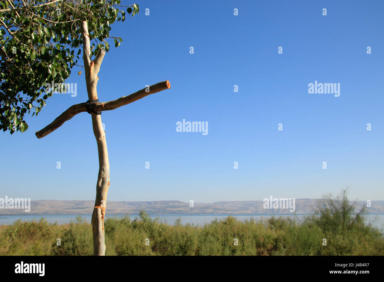 Israel, Sea of Galilee, a wooden cross marks the site of Dalmanutha in ...