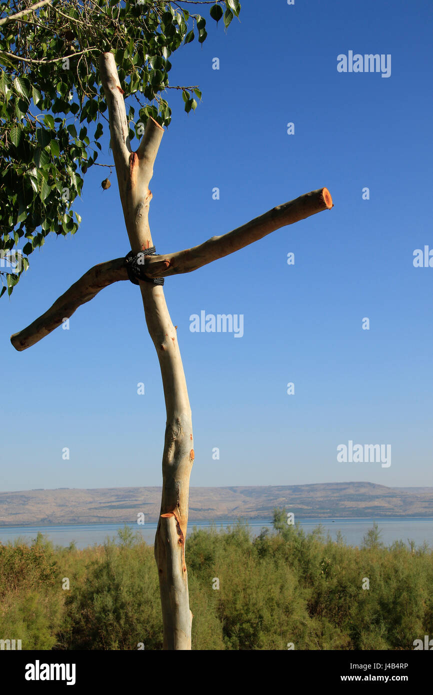 Israel, Sea of Galilee, a wooden cross marks the site of Dalmanutha in ...