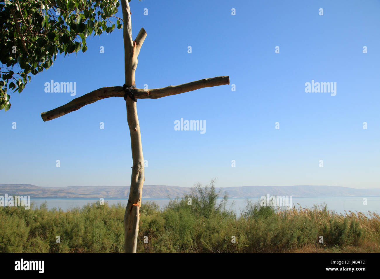 Israel, Sea of Galilee, a wooden cross marks the site of Dalmanutha in ...