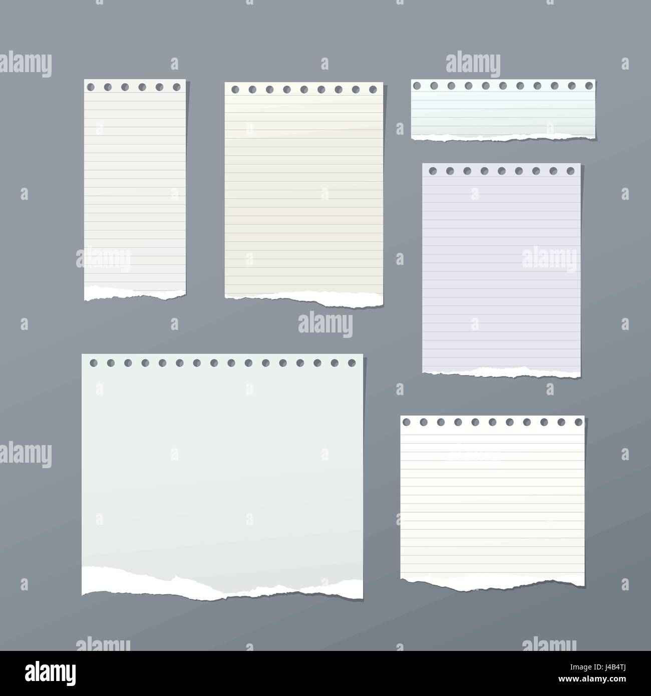 Ripped note, notebook, copybook paper sheets, stuck on gray background ...