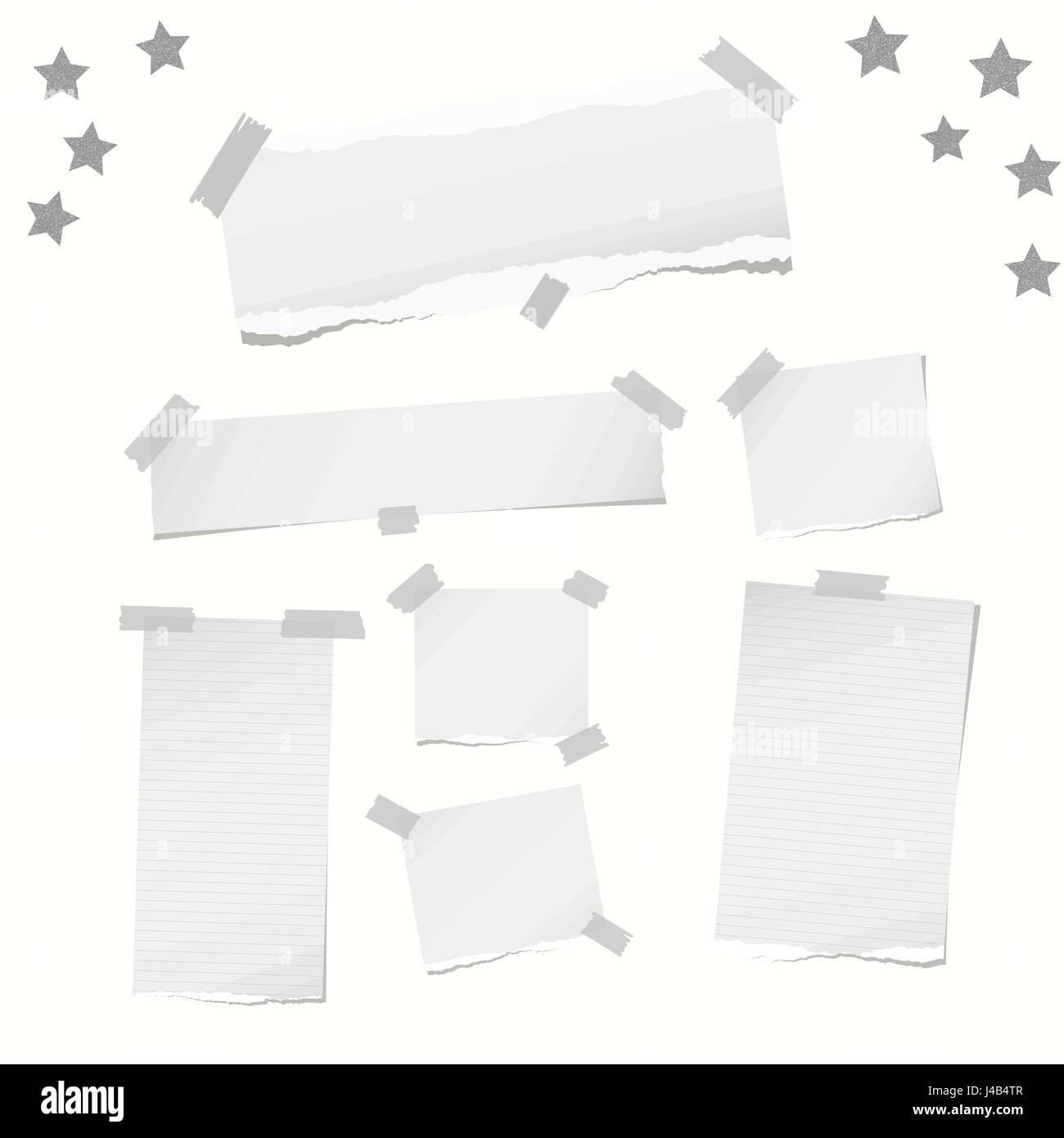 Ripped note, notebook, copybook paper strips, stars, stuck with sticky ...