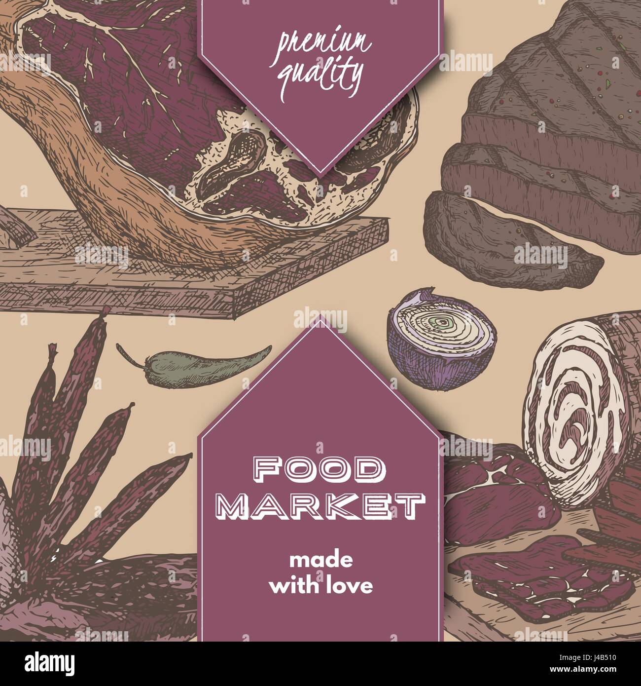 Color food market template with meat delicacies based on hand drawn ...