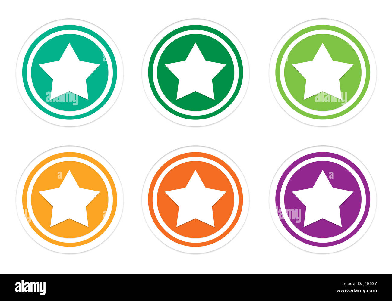 Set of icons with star symbol in green, yellow, orange and purple ...