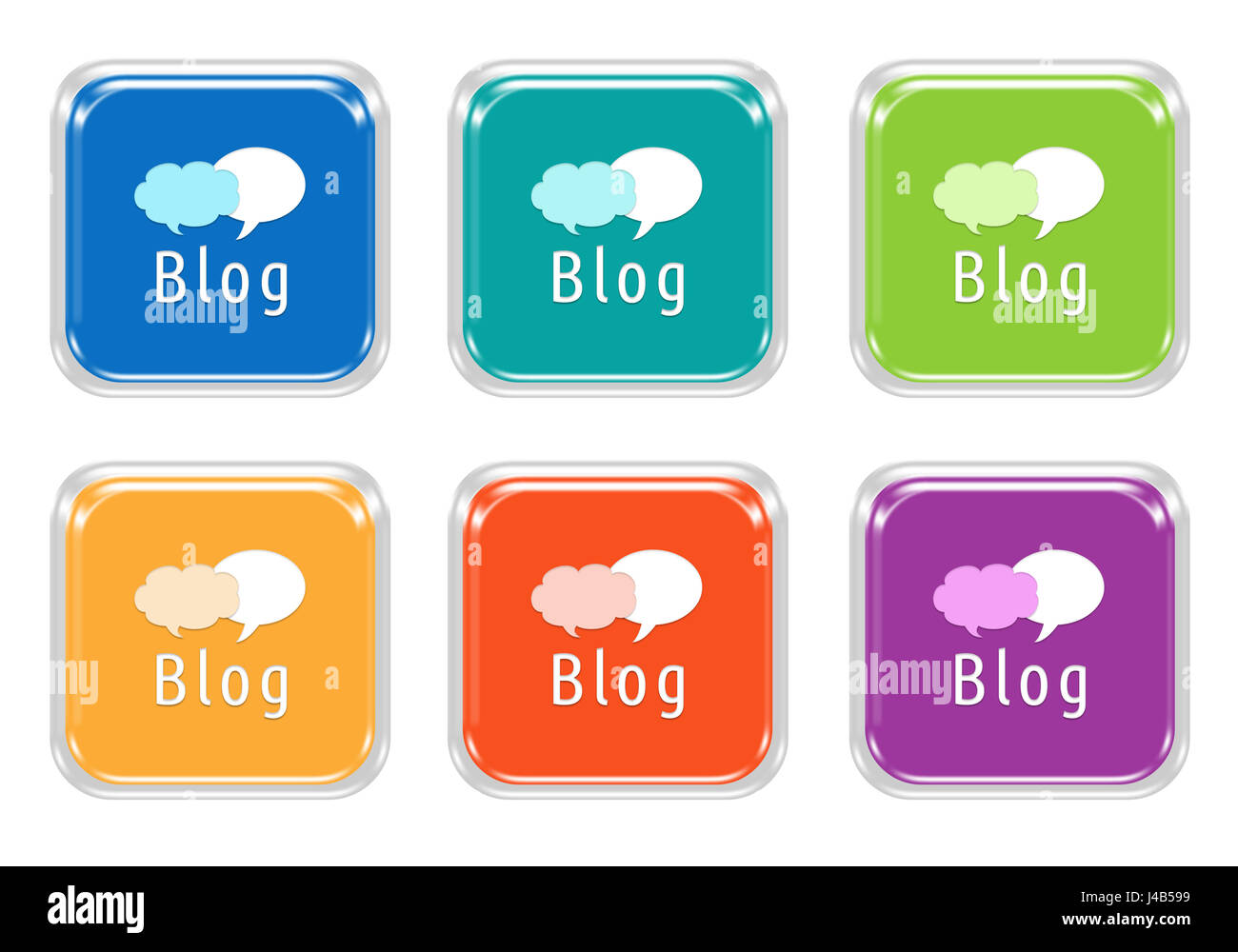Set of squared colorful buttons with blog symbol in blue, green, yellow ...
