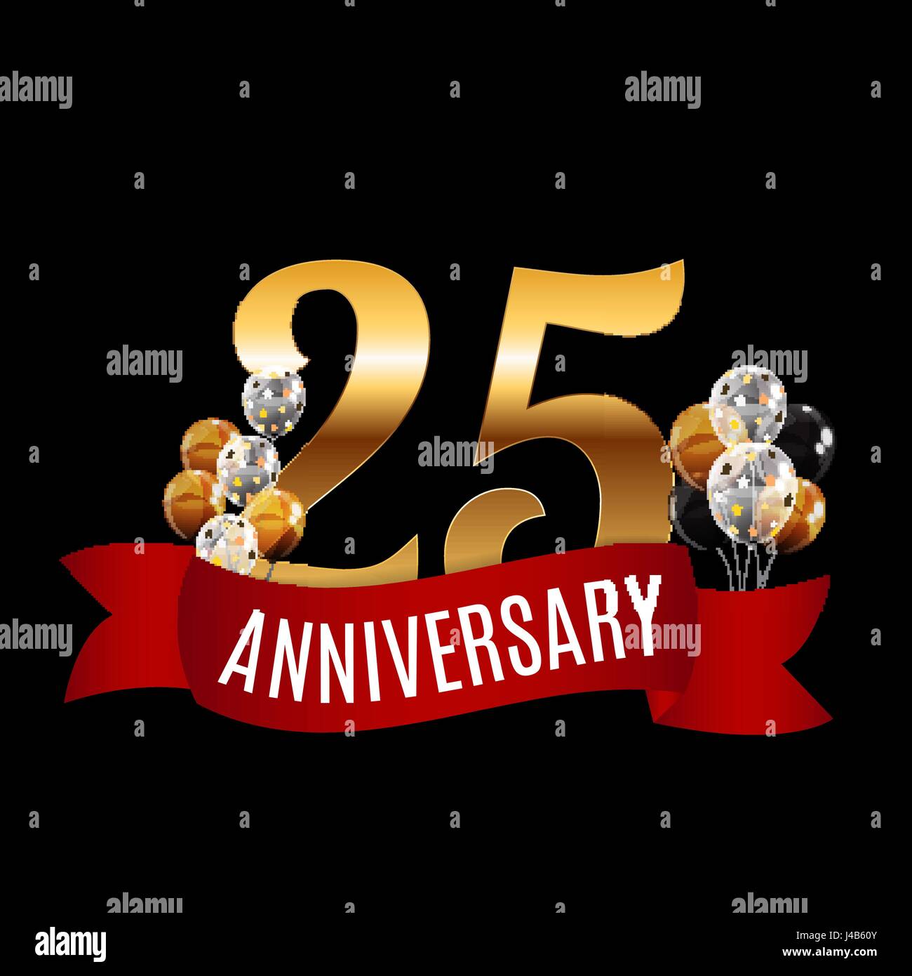 Golden 25 Years Anniversary Template with Red Ribbon Vector Illu Stock ...
