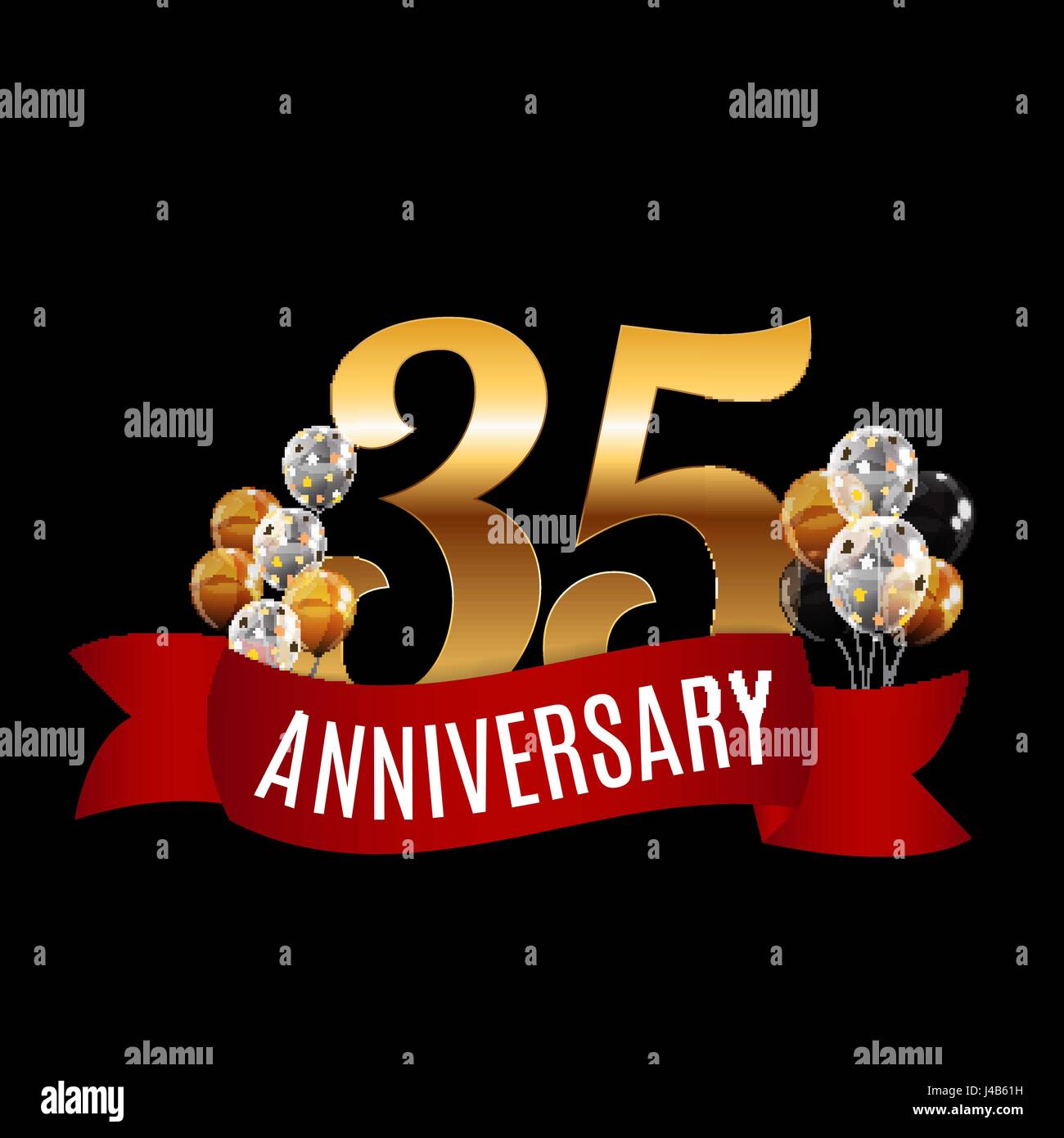 Golden 35 Years Anniversary Template with Red Ribbon Vector Illu Stock ...
