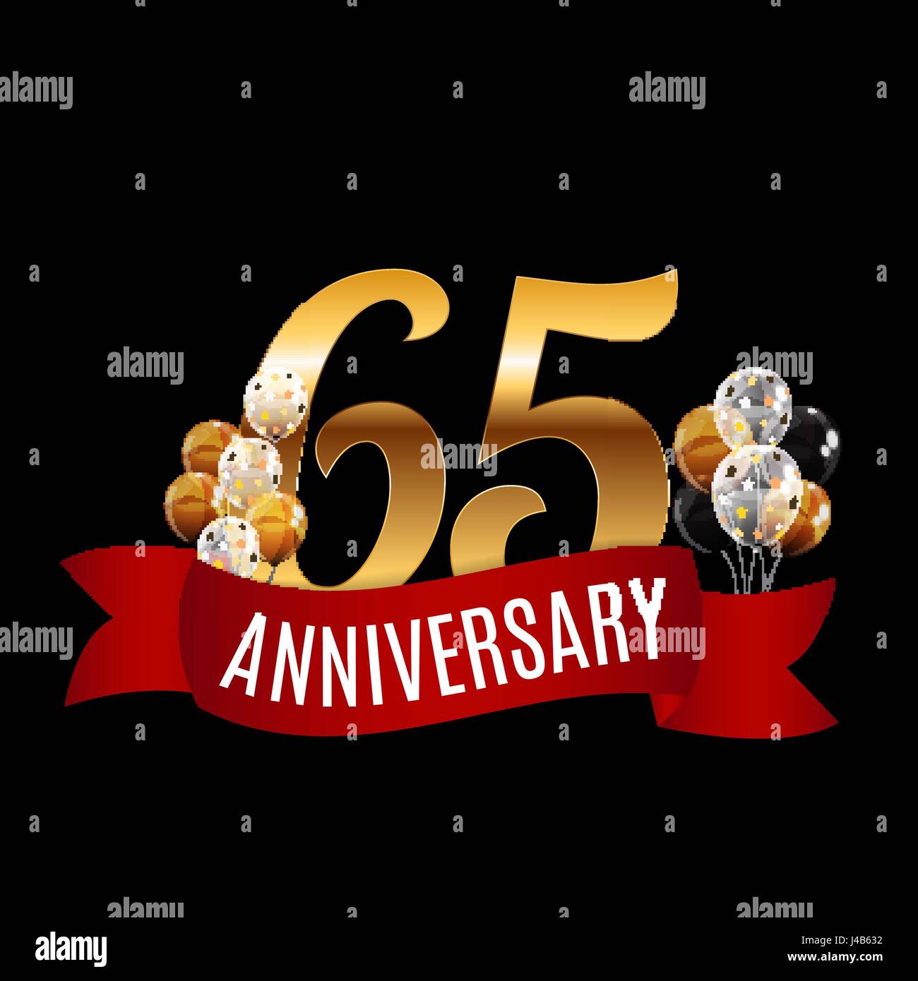 Golden 65 Years Anniversary Template with Red Ribbon Vector Illu Stock ...