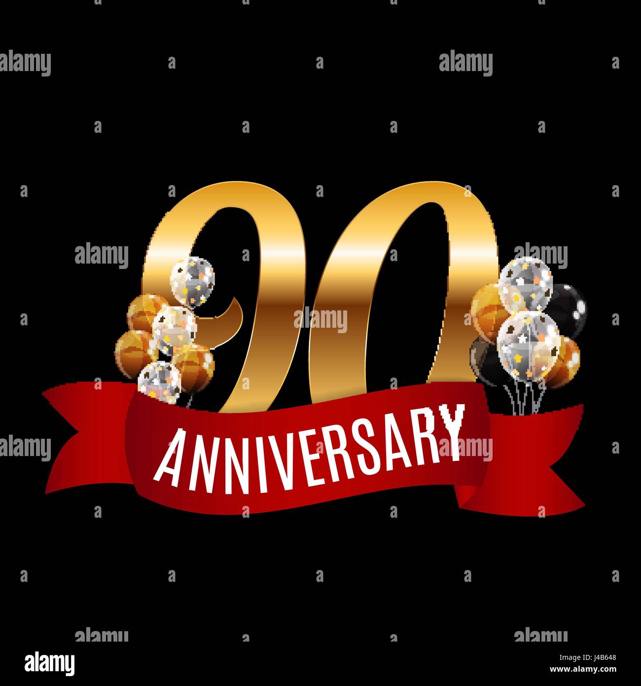 Golden 95 Years Anniversary Template with Red Ribbon Vector Illu Stock ...