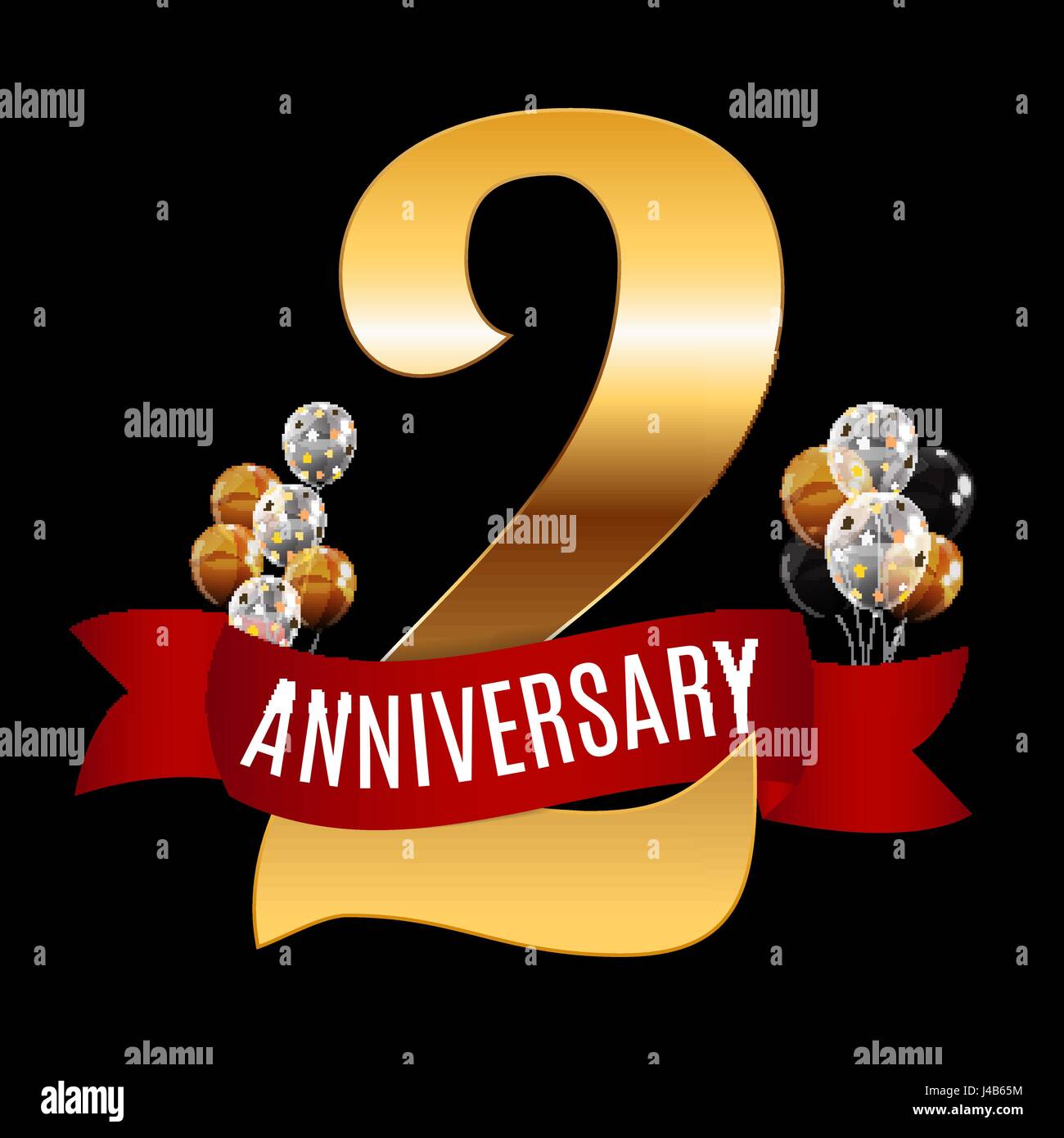 Golden 2 Years Anniversary Template with Red Ribbon Vector Illus Stock ...
