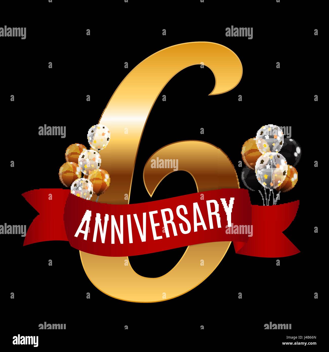 Golden 6 Years Anniversary Template with Red Ribbon Vector Illus Stock ...