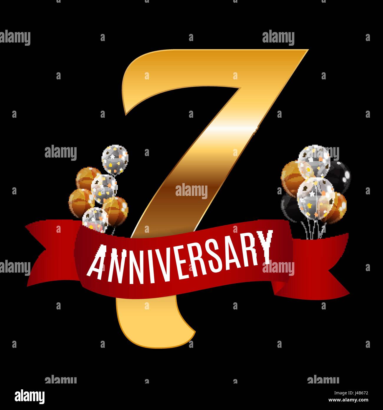Golden 7 Years Anniversary Template with Red Ribbon Vector Illus Stock ...