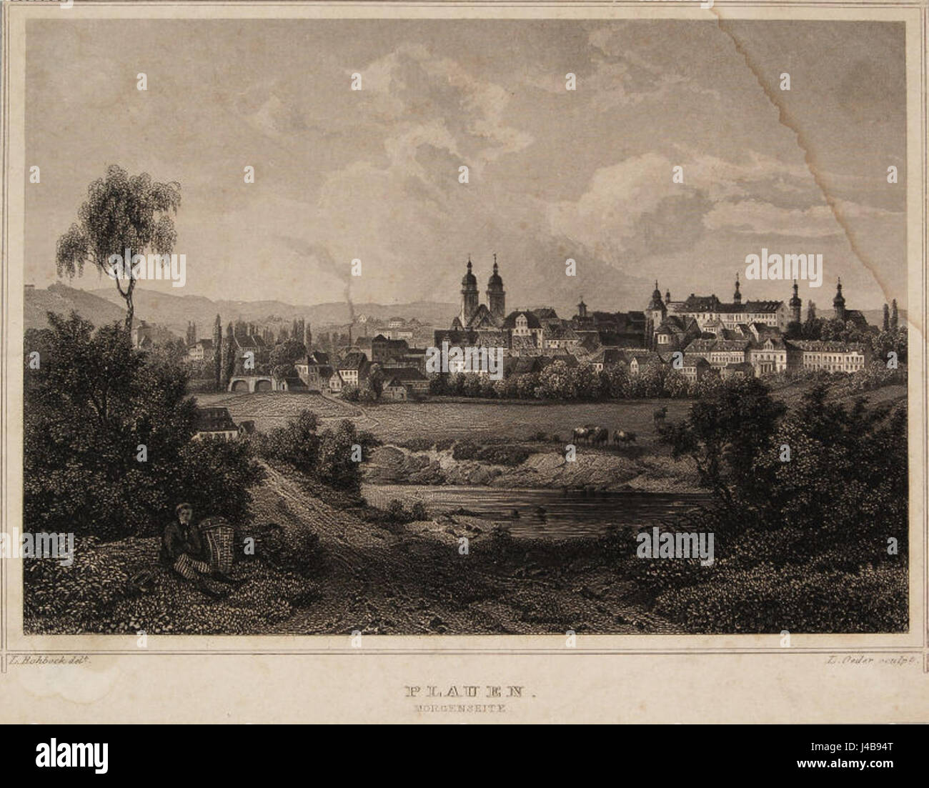 A detailed etching titled 'Plauen Stich,' capturing the urban landscape ...