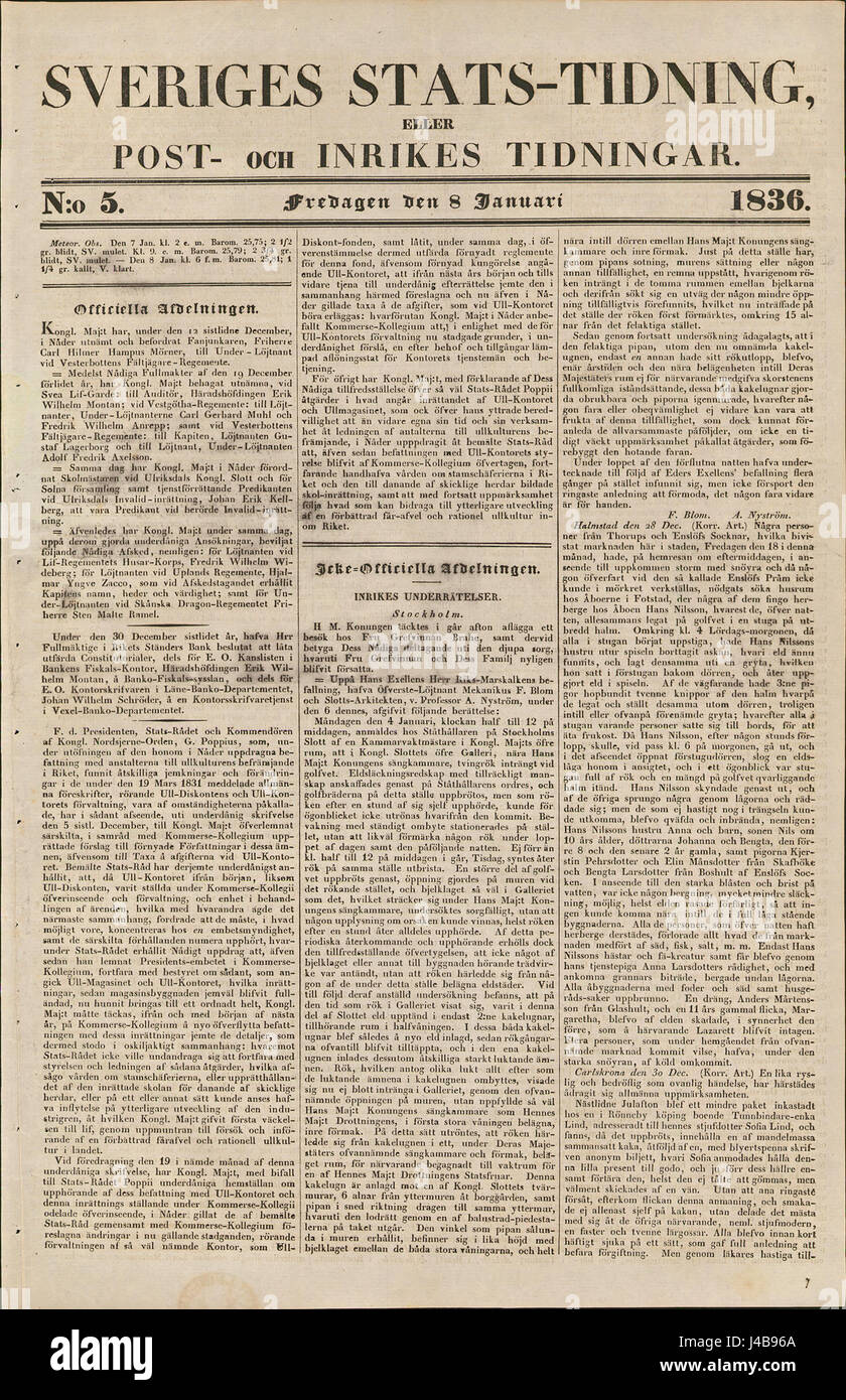 Issue of 'Post och Inrikes Tidningar' from January 8, 1836, a Swedish ...