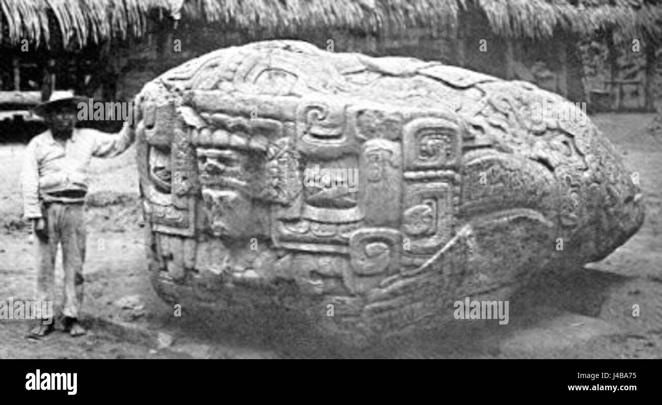 An image of Block B at Quiriguá, featuring Mayan stelae and zoomorphic ...