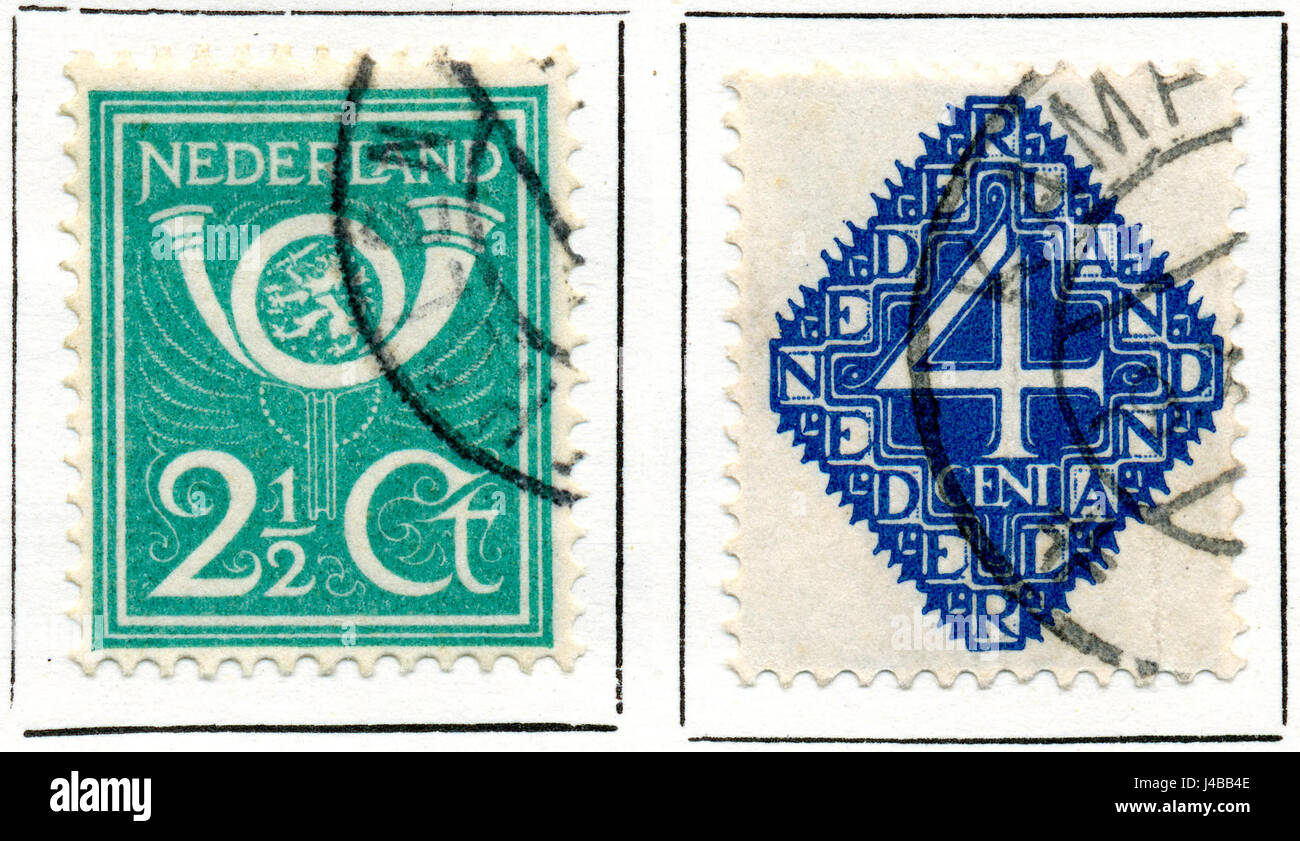 A 1923 Dutch postage stamp valued at 2 and 4 cents, part of a series ...
