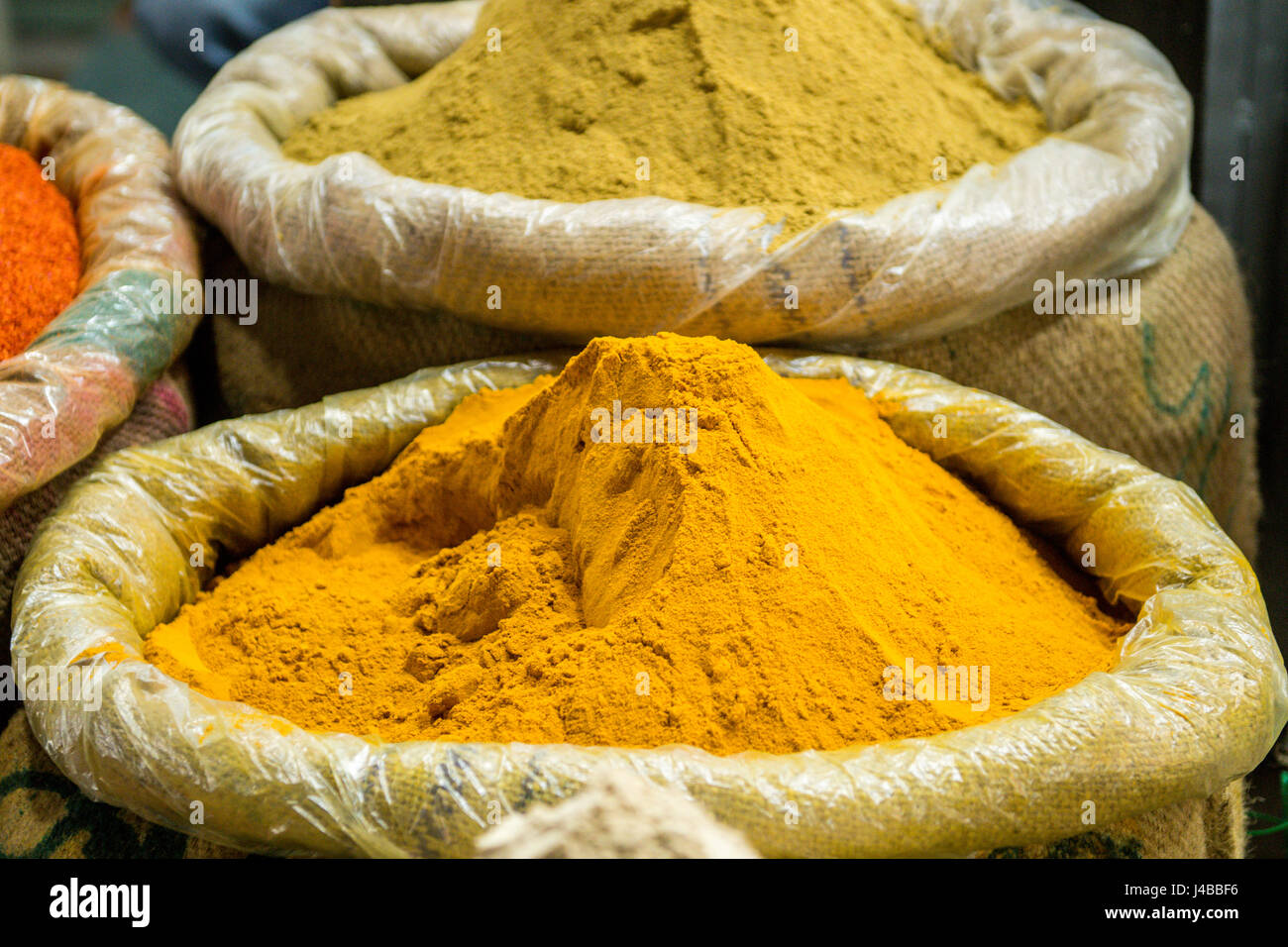 Spices on display at the market on Khari Baoli Road in New Delhi, India ...