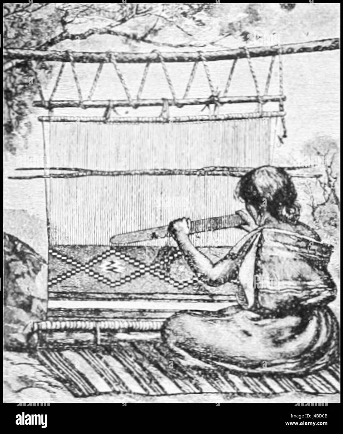 This illustration depicts a Navajo woman engaged in the traditional art ...