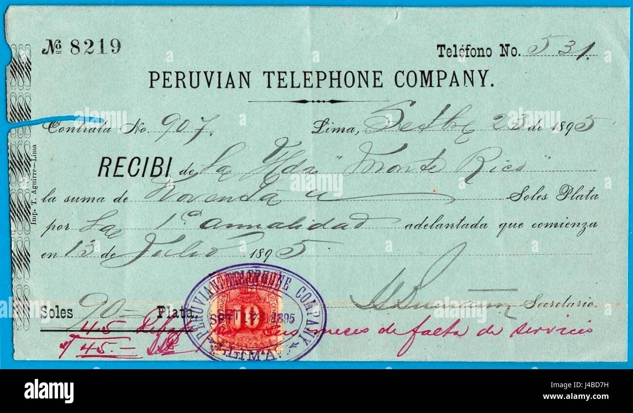 Peruvian Telephone Company receipt Lima 1895 Stock Photo - Alamy