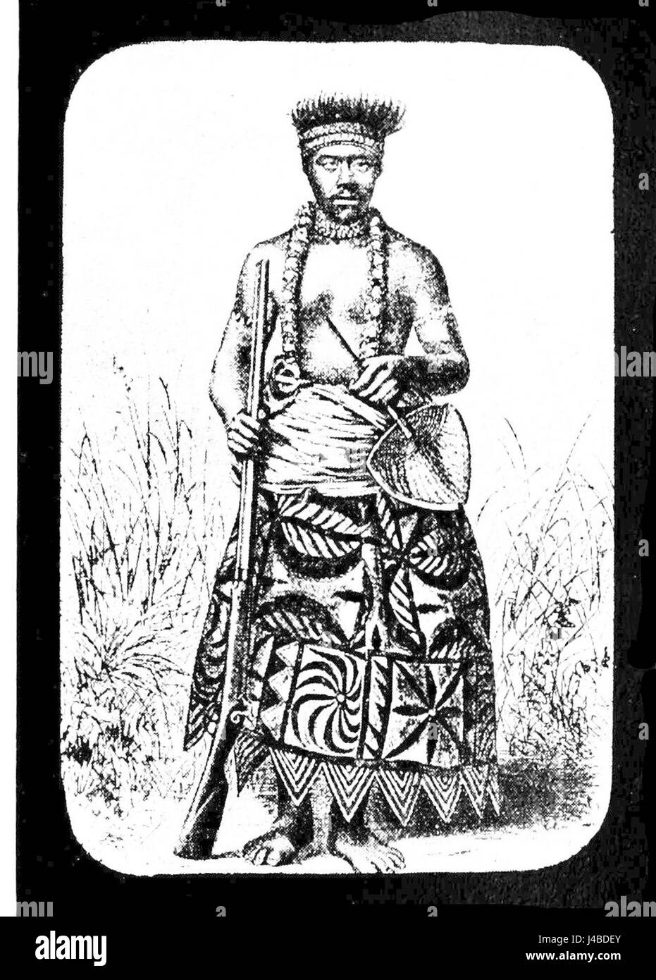 This image features a South Sea Islander wearing a traditional bark ...