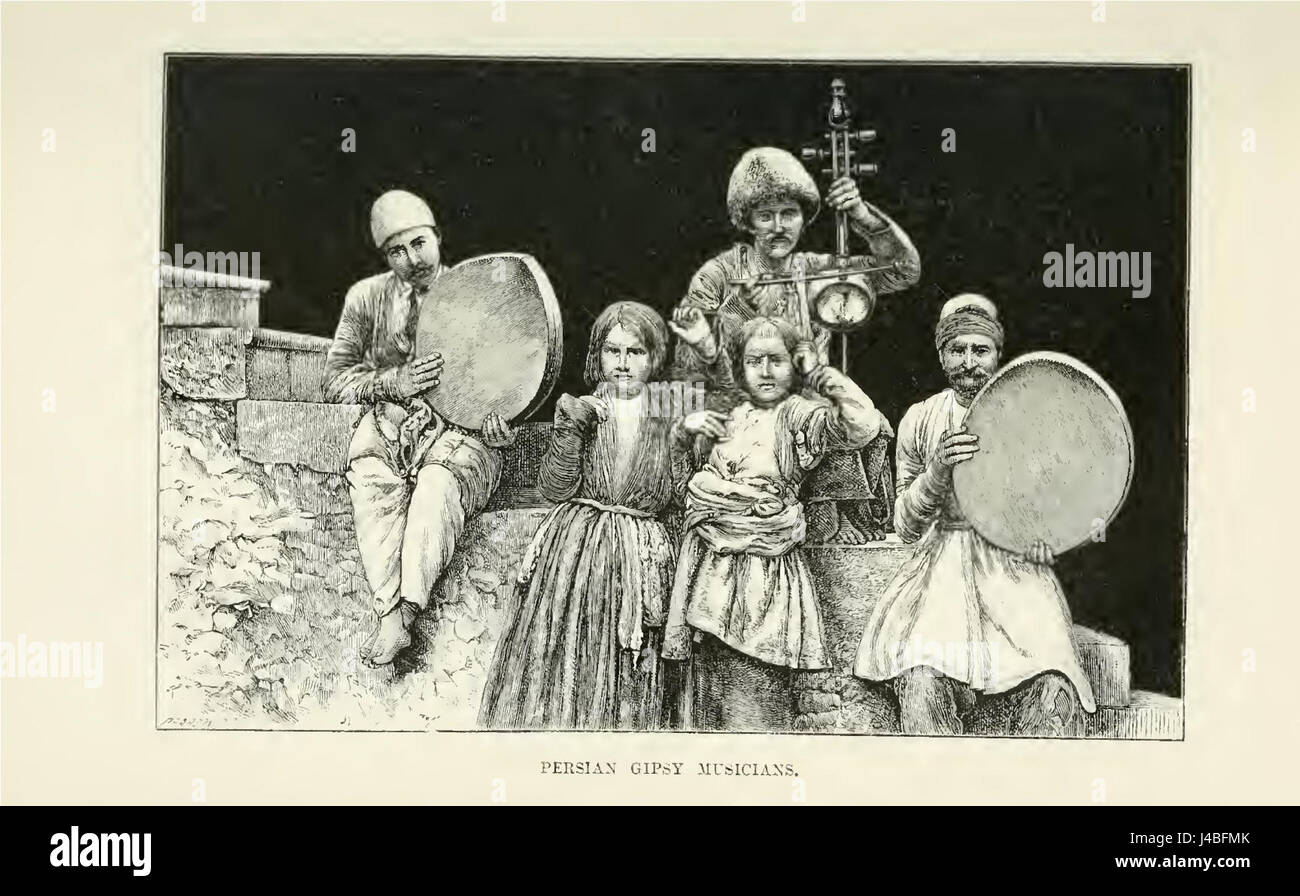 The Persian gipsy musicians are depicted in traditional attire, playing ...