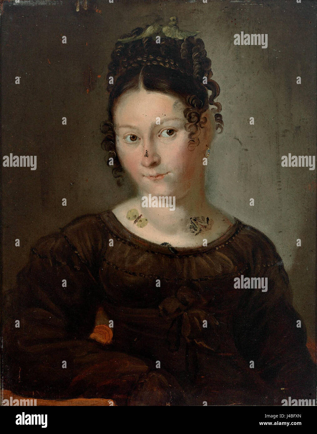 This painting depicts a young woman holding a bird and surrounded by ...