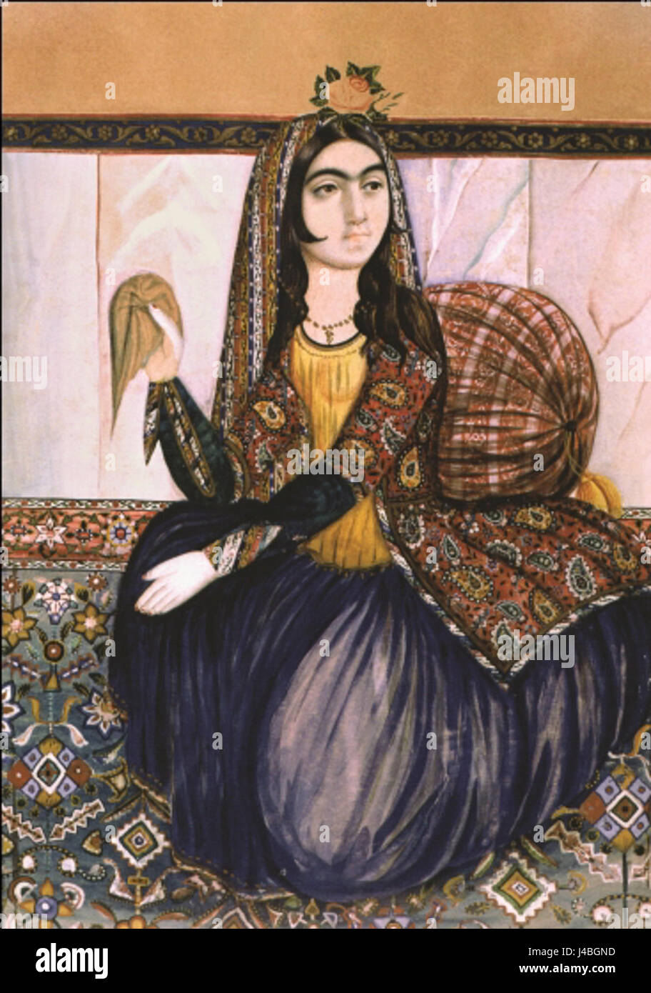 This portrait of a sitting woman by Irevani depicts a figure of ...